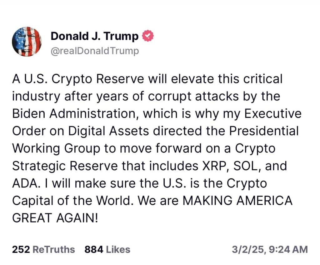 Donald Trump annonce la réserve crypto avec XRP, SOL, ADA, Bitcoin et Ethereum : Le marché s ...